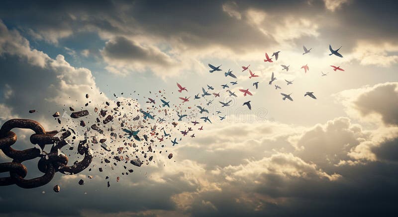 A Broken Chain Transforms into Flying Birds Against a Dramatic, Cloudy ...