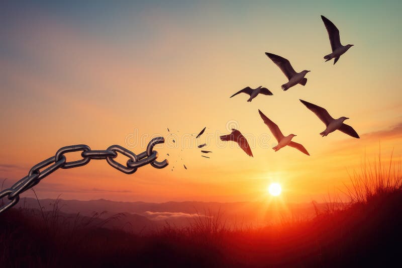 Broken Chains Freedom Birds Sunset Hope Stock Illustration ...