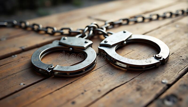 Broken Chains and Handcuffs Lying on a Wooden Table, Symbolizing ...