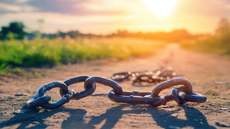 The Broken Chains Lying on a Dusty Pathway Beneath a Beautiful Sunset ...