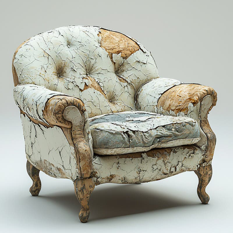Damaged Chair with Missing Legs and Worn Cushion in a Minimalistic ...