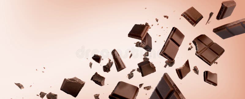 Broken Chocolate Bar Pieces Falling on Pink Beige Background. Banner ...