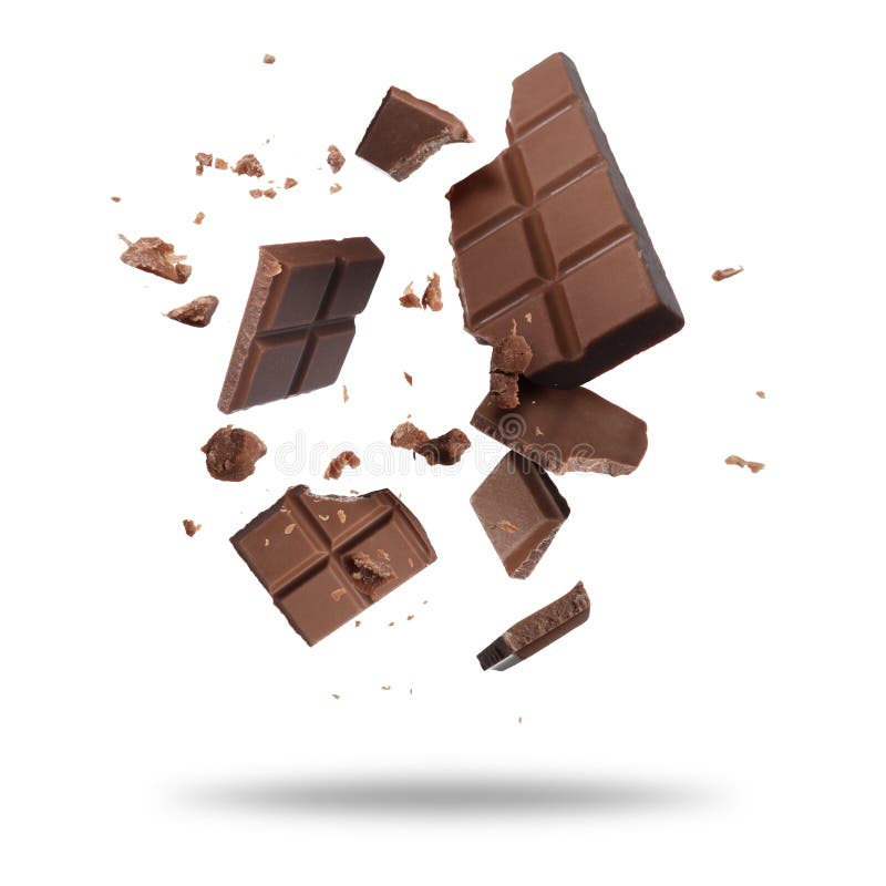 Broken Chocolate Bar Pieces Falling on Light Blue Background. Banner ...
