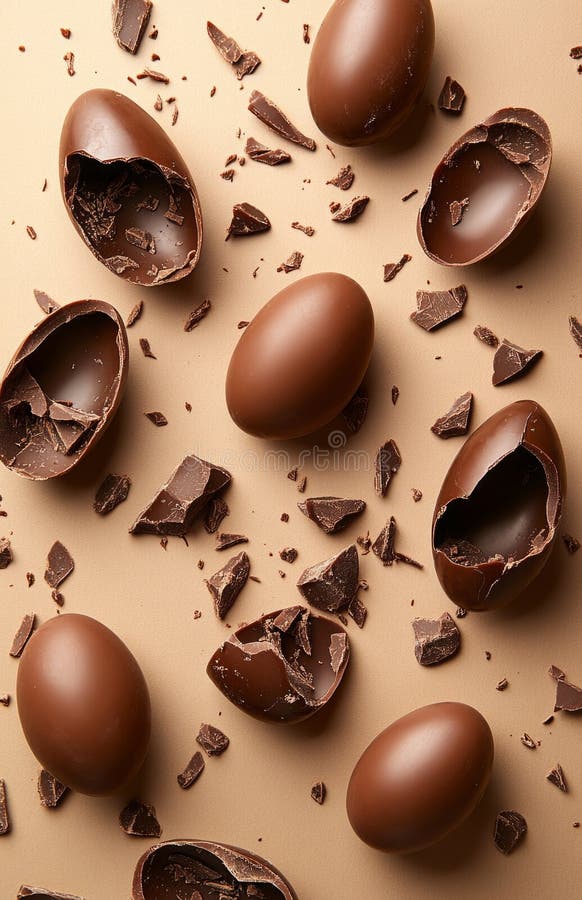Broken Chocolate Easter Eggs on Beige Background with Scattered Shell ...