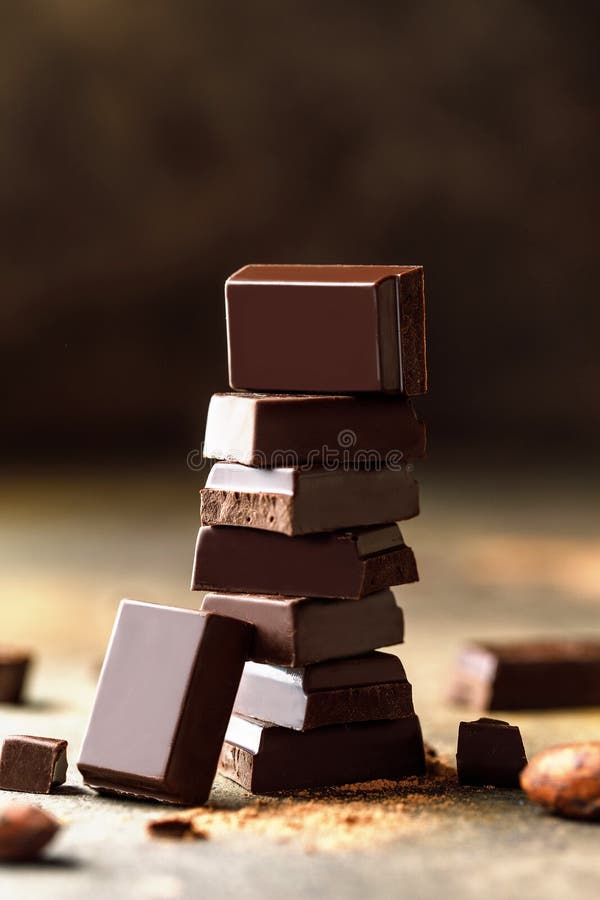Broken Chocolate Pieces on Dark Background. Stack of Dark Chocolate ...