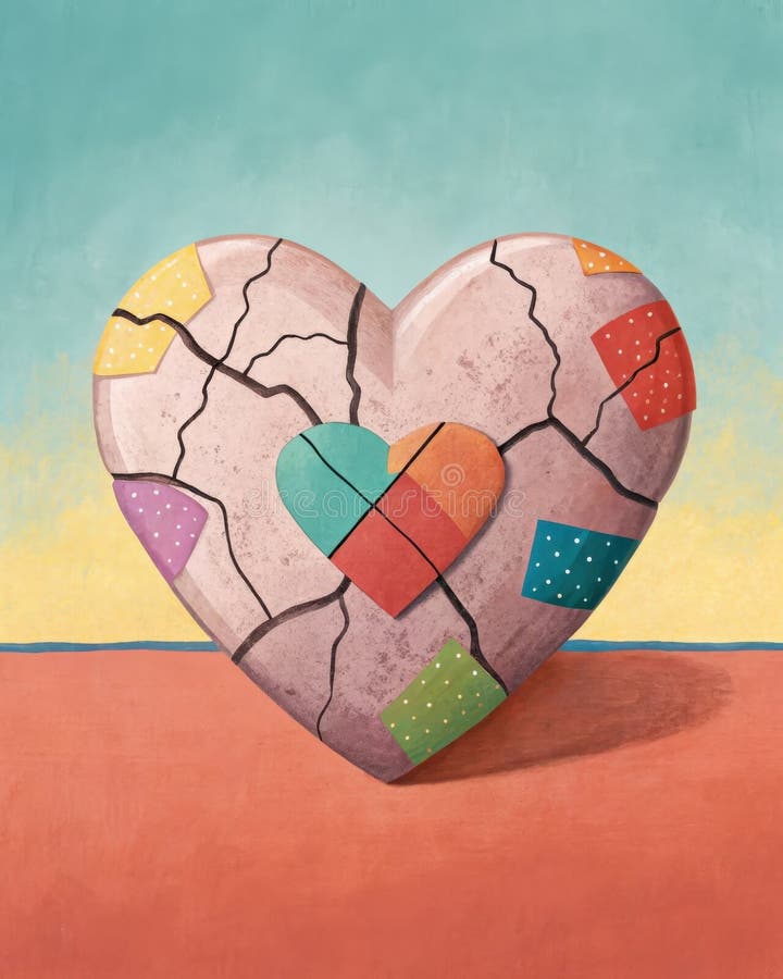 A Broken Clay Heart Being Mended with Colorful Patches Representing ...