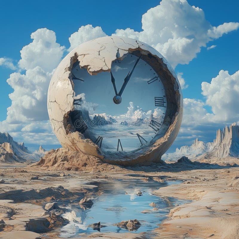Broken Clock in Desert Landscape Surreal Time Concept Stock Image ...