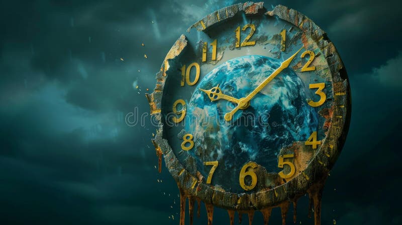 A Broken Clock with the Earth Visible within Its Face Against a Stormy ...