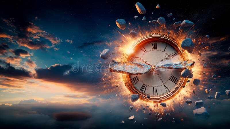 Broken Clock Face Bursts through Cosmic Backdrop Surrounded by Flying ...
