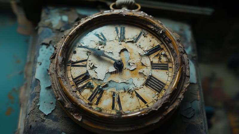 This Broken Clock Features a Worn Face with Peeling Paint and Stagnant ...