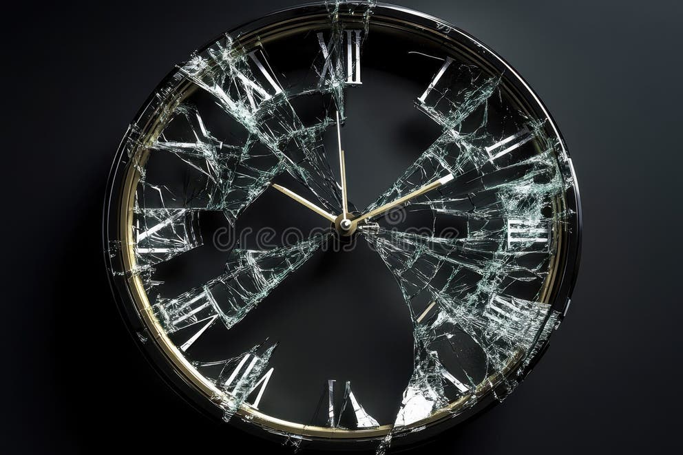 Broken Clock with Shattered Glass Face Displaying Distorted Time ...