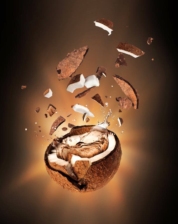Broken Coconut with Juice in the Dark Stock Photo - Image of break ...