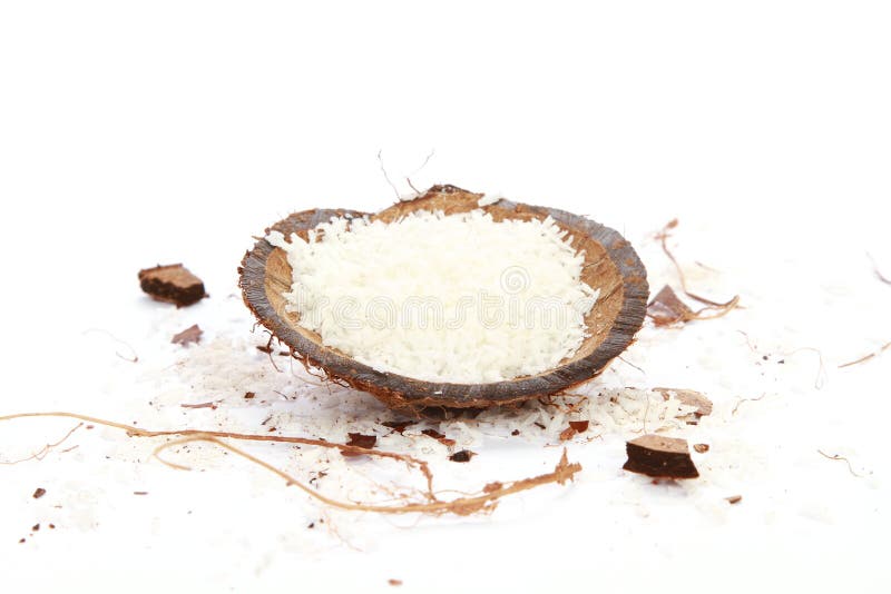 Broken Coconut Shell with Coconut Shavings Isolated on a White ...
