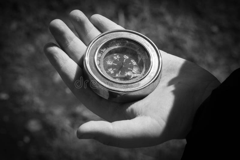 Broken Compass in Hands Child. Black and White Photo Stock Image ...