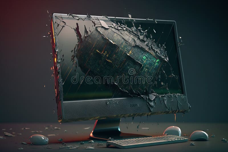 Broken Computer Monitor with Broken Screen on Table. Generative AI ...