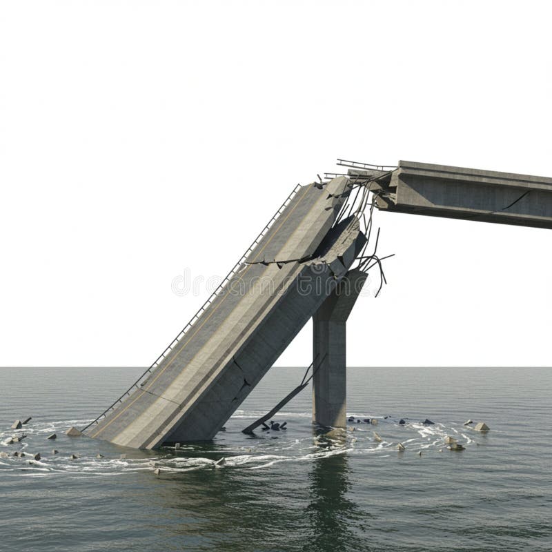 A Broken Concrete Bridge Partially Submerged in Water. the Structure ...