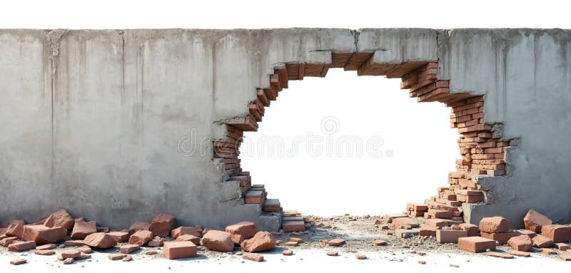 Broken Concrete Wall with Large Missing Chunks Isolated on White ...