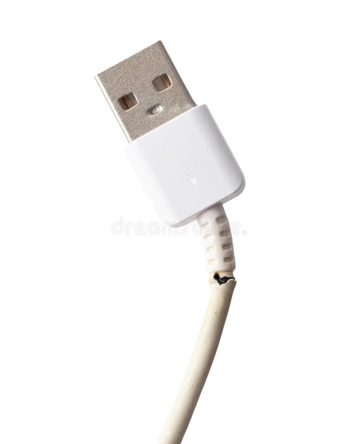 Broken Cord on USB Plug Isolated on White Background. Macro Stock Image ...