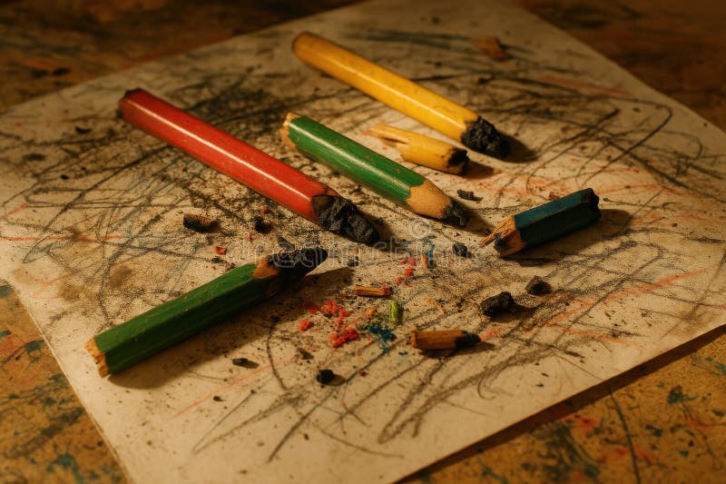 Broken Crayons Scattered Over Messy Paper with Dark Scribbles, Symbolizing Artistic Frustration ...