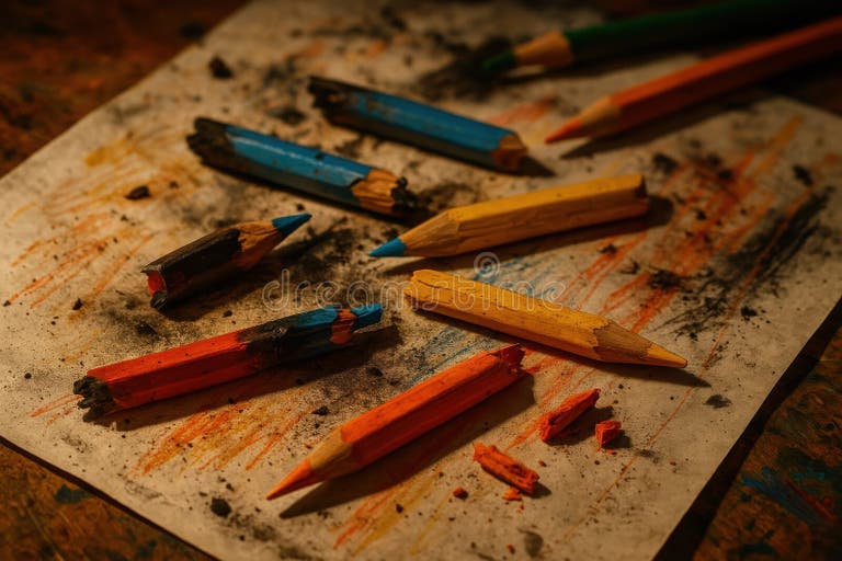 Broken Crayons Scattered Over Messy Paper with Dark Scribbles ...