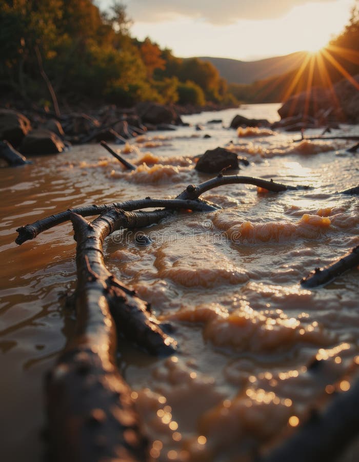 Broken Dam with Muddy Water Rushing Downstream at Sunset Stock Image ...