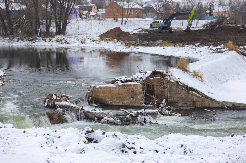 Broken Dam on the River in Spring Stock Photo - Image of engineering ...