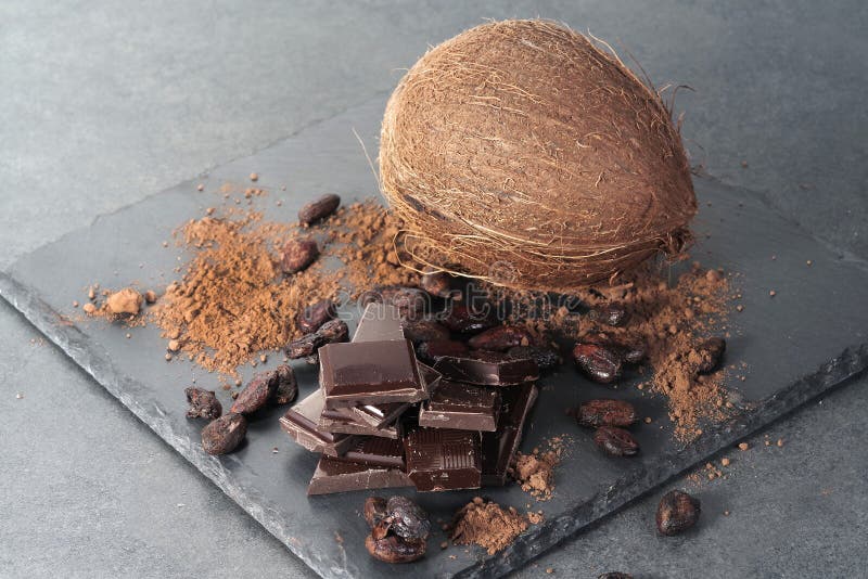 Broken Dark Chocolate and Cocoa Beans and Coconut Stock Image - Image ...