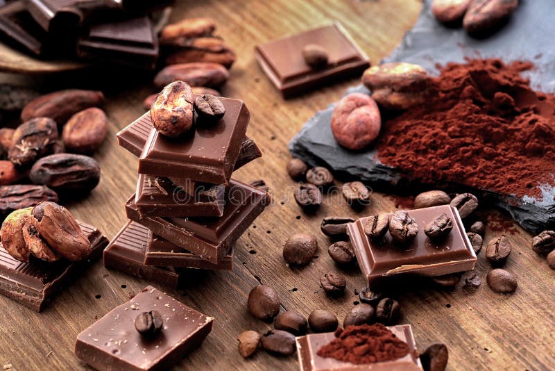 Broken Dark Chocolate, Cocoa Powder and Coffee Beans Stock Image ...