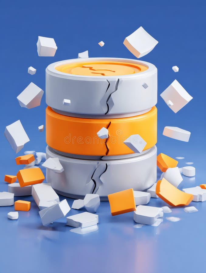 Broken Database Icon Surrounded by Error Fragments on Clean Blue ...