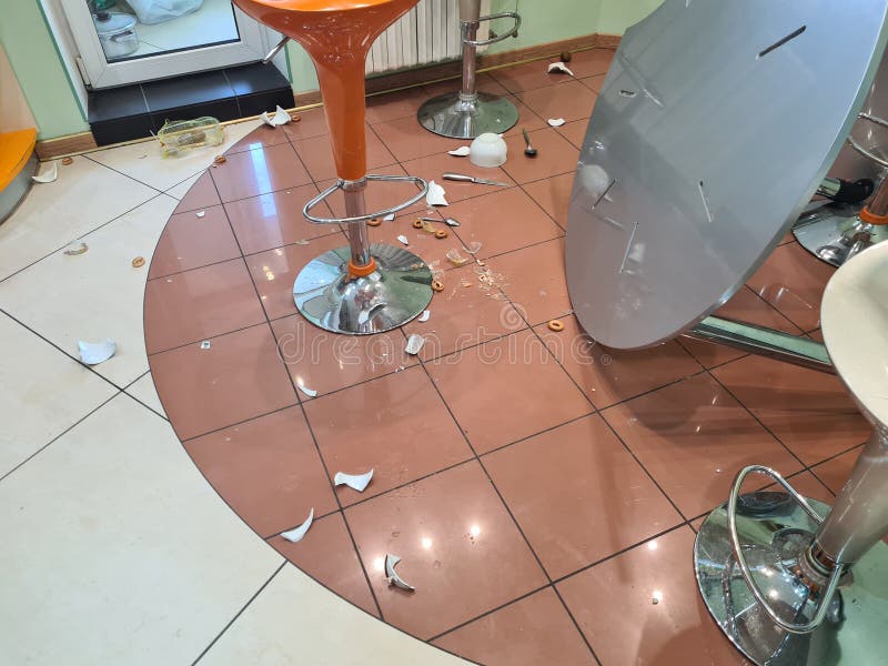 Broken Dishes and Table on Floor in Kitchen Stock Image - Image of ...