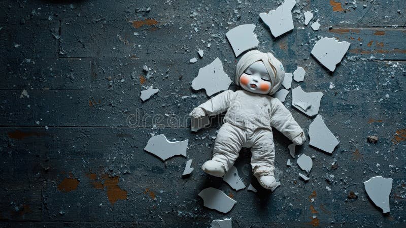 A Broken Doll Lying on the Floor Amidst Shattered Porcelain Pieces ...