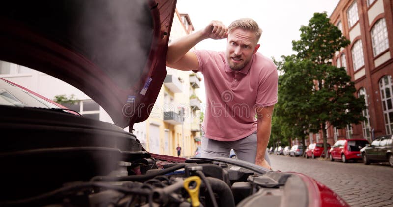 Broken Down Car. Frustrated Man Looking Stock Photo - Image of broken ...