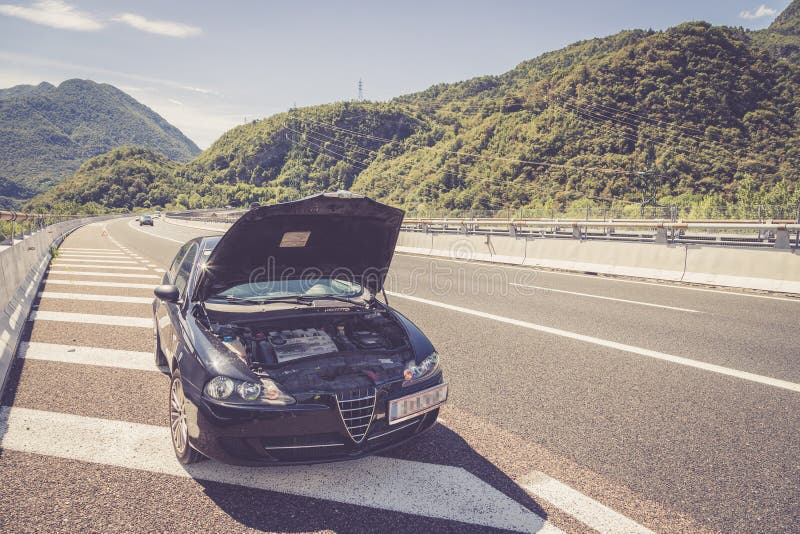 Broken Down Car on the Highway, Engine Bonnet Stock Photo - Image of ...