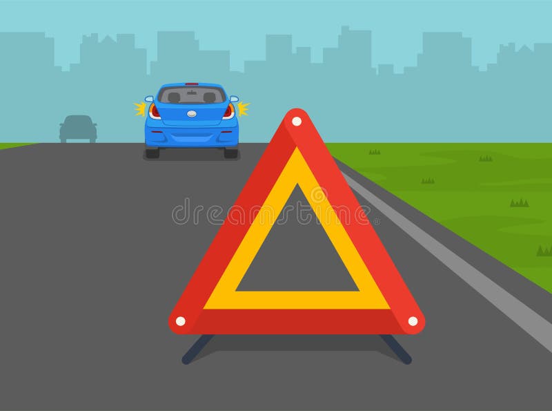 Broken Down Car on Highway with Warning Sign. Back View Stock Vector ...