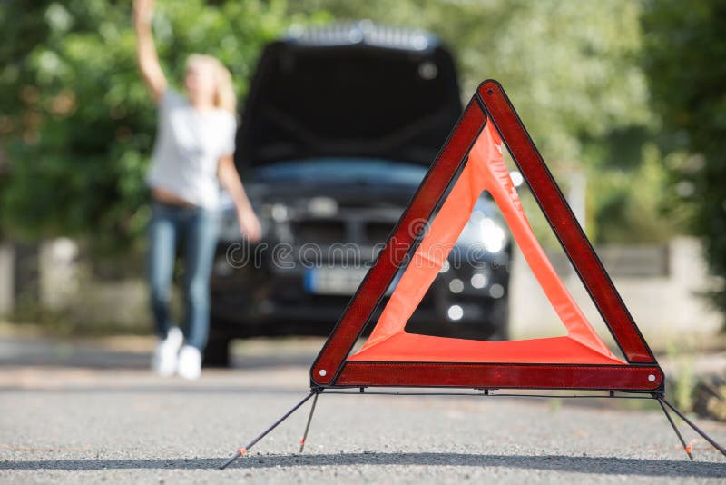 Broken Down Car with Warning Triangle Stock Image - Image of ...