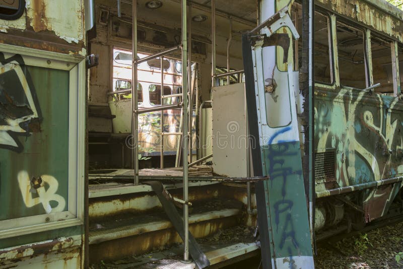 Broken down trolley car stock image. Image of damage - 94350723