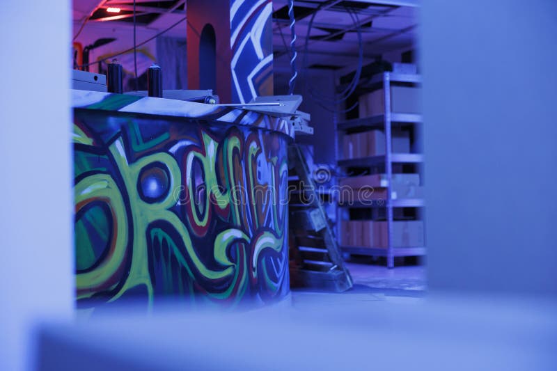 Broken Down Warehouse with Fluorescent Bright Lights Editorial ...