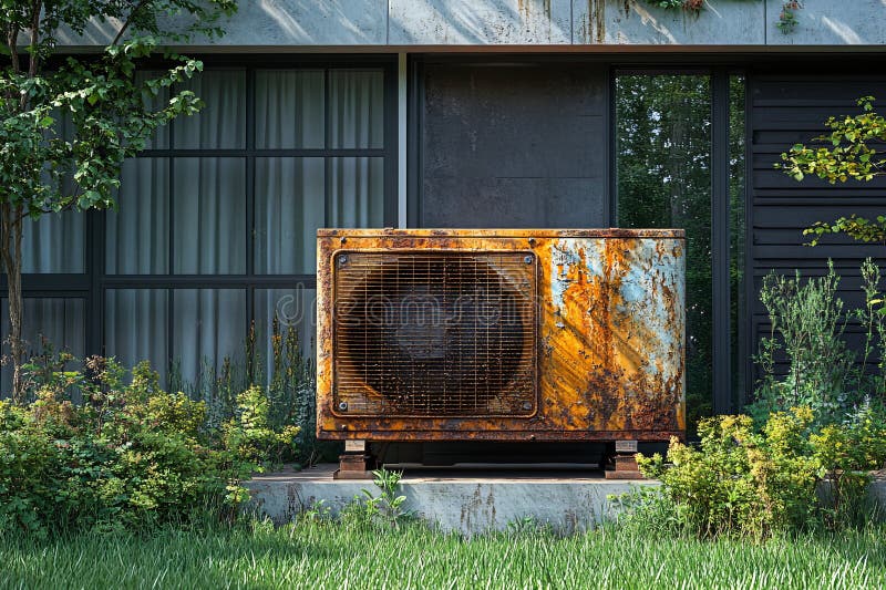 A Broken and Dusty Air Conditioning Unit is Attached To a Wall with Its ...