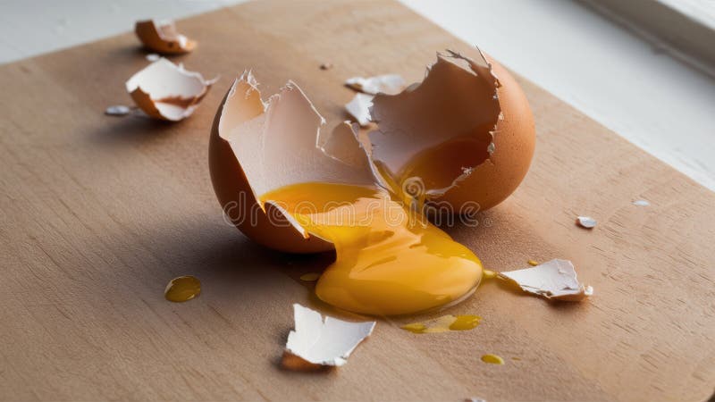 A Broken Egg Shell on a Cutting Board with an Intact Yolk, AI Stock ...