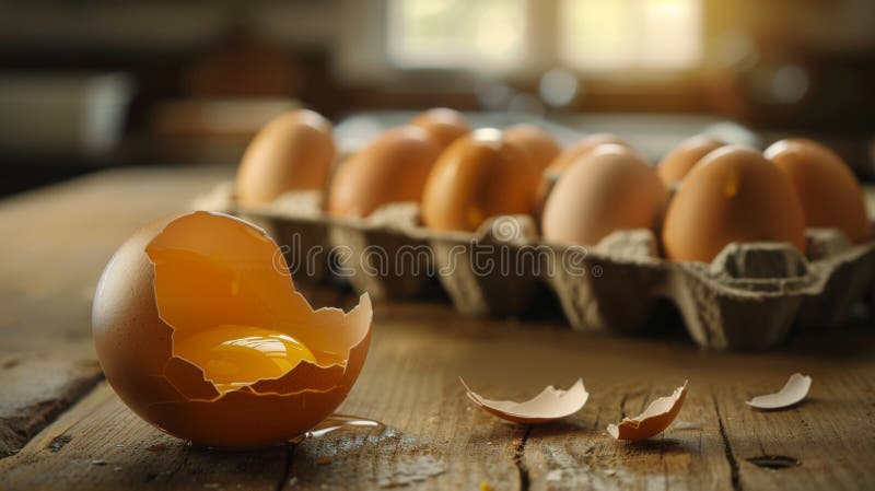 A Broken Egg on Wooden Table. AI Generated Stock Photo - Image of ...