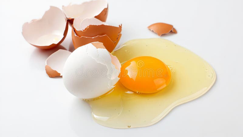 Broken Egg with Yolk and Egg Shell Pieces on a White Background for ...