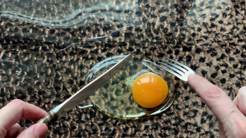 Broken Egg with Yolk and Protein on Leopard Print and Fork with Spoon ...