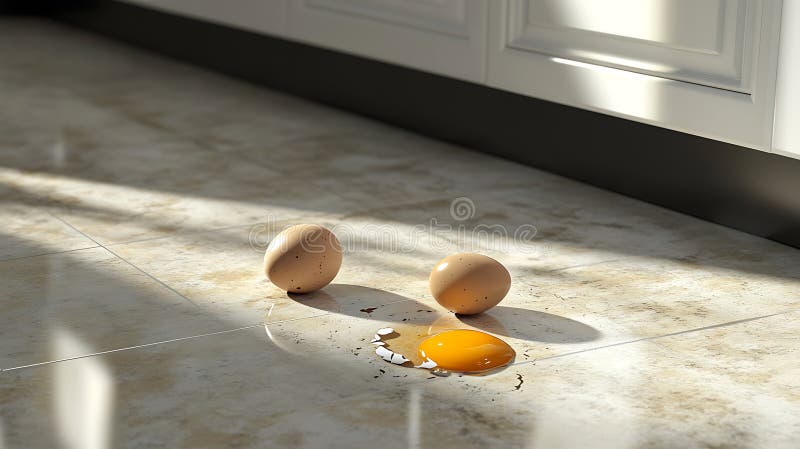 Broken Egg Yolk Splatter, Two Whole Eggs on Tiled Kitchen Floor Near ...