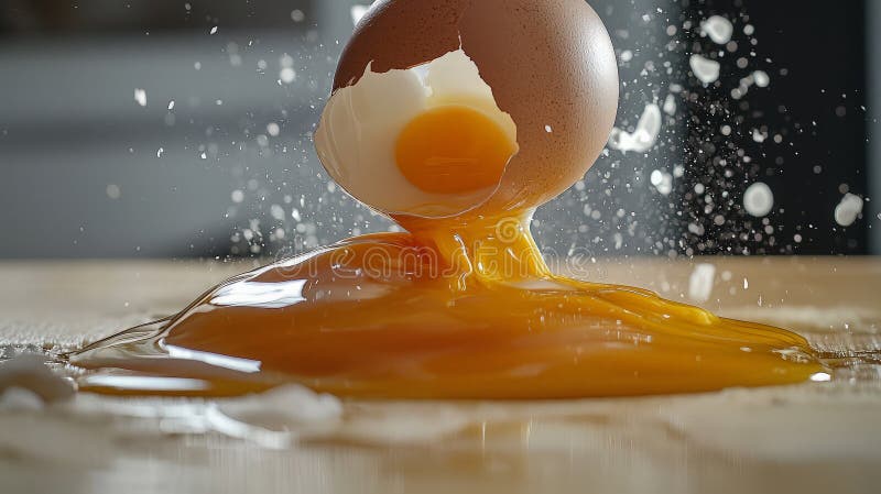 Broken Egg with Yolk and White Spilling Onto Surface Stock Photo ...