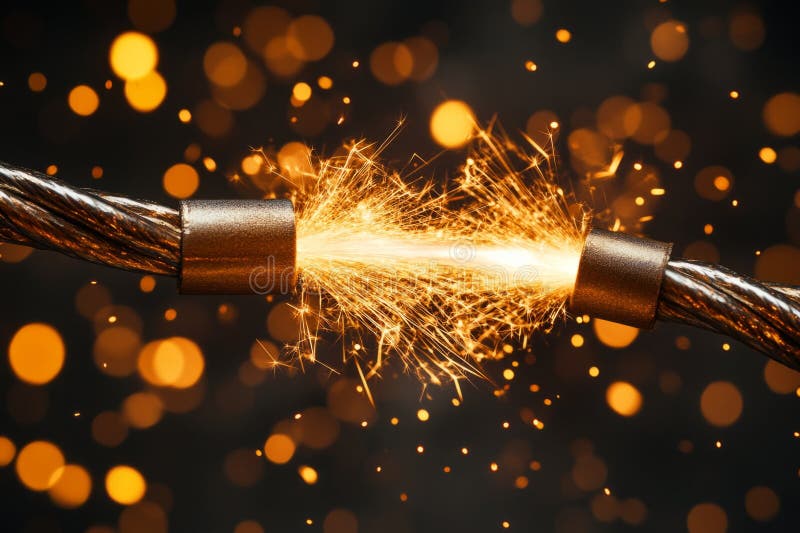 Broken Electric Cable Generating Bright Sparks and Fire on a Blurry ...