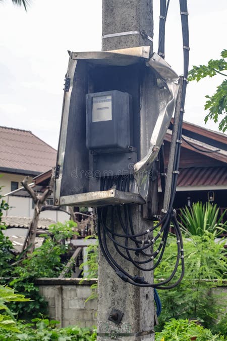Broken Electric Meter Box on Pole . Denger Stock Photo - Image of ...