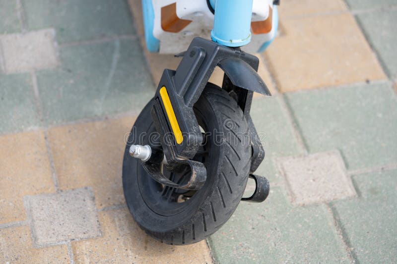 Broken Electric Scooter Front Wheel Close-up Stock Photo - Image of ...