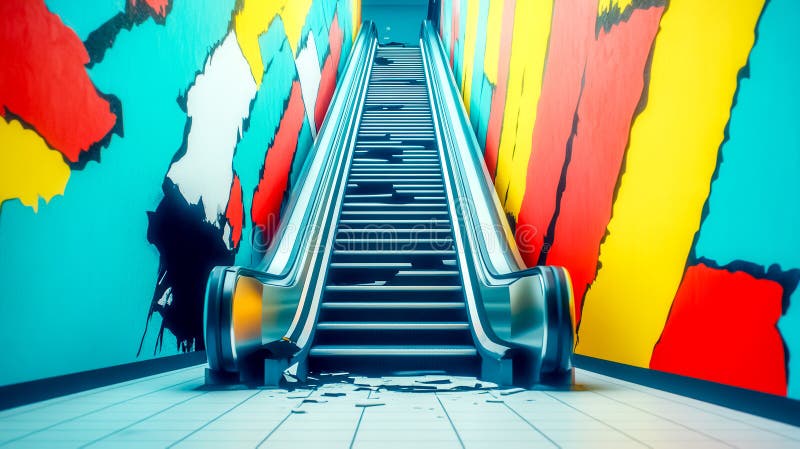 Broken Escalator in Colorful Tunnel Symbolizing Downfall and ...