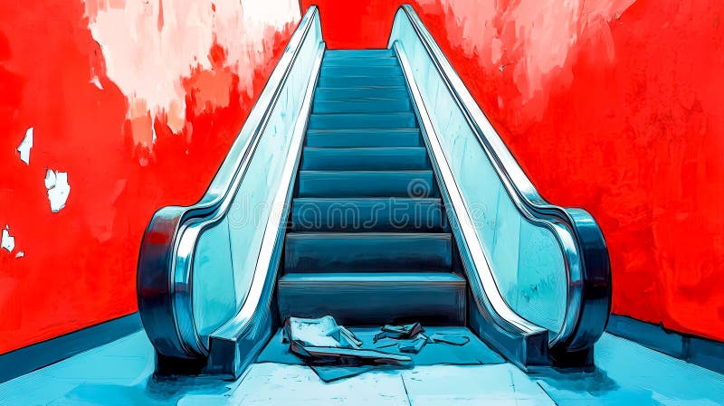 Broken Escalator in a Deserted Building with Red Wall Stock Image ...