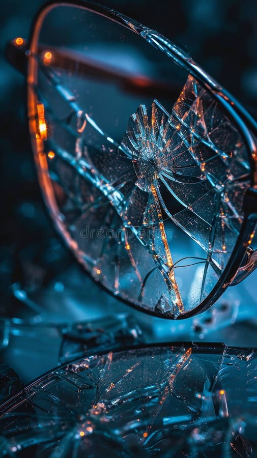Broken Eyeglasses with Cracked Lenses Lying on a Dark Surface Stock ...